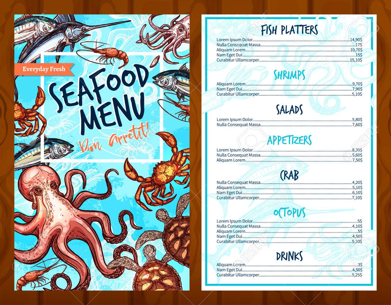 Vector fresh seafood and fish food restaurant menu - Cơ khí Viễn Đông